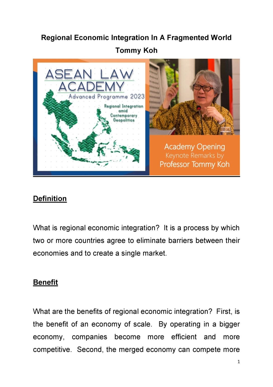 Regional Economic Integration In A Fragmented World Tommy Koh - Centre ...